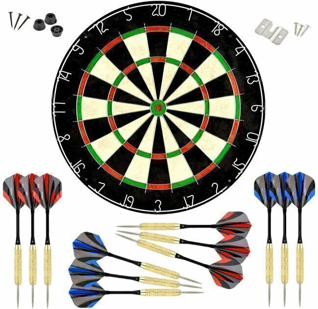 LinkVisions Dartboard W/ Staple-Free Bullseye & 12 Steel Tip Dart Set ...